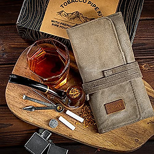 Whitluck's Tobacco Pipe with Waxed Canvas Pipe Roll, Handmade Wood Smoking Pipe with Ultimate Beginner Guide E-Book, Travel Tobacco Pouch - Smoking Gift Set and Accessories