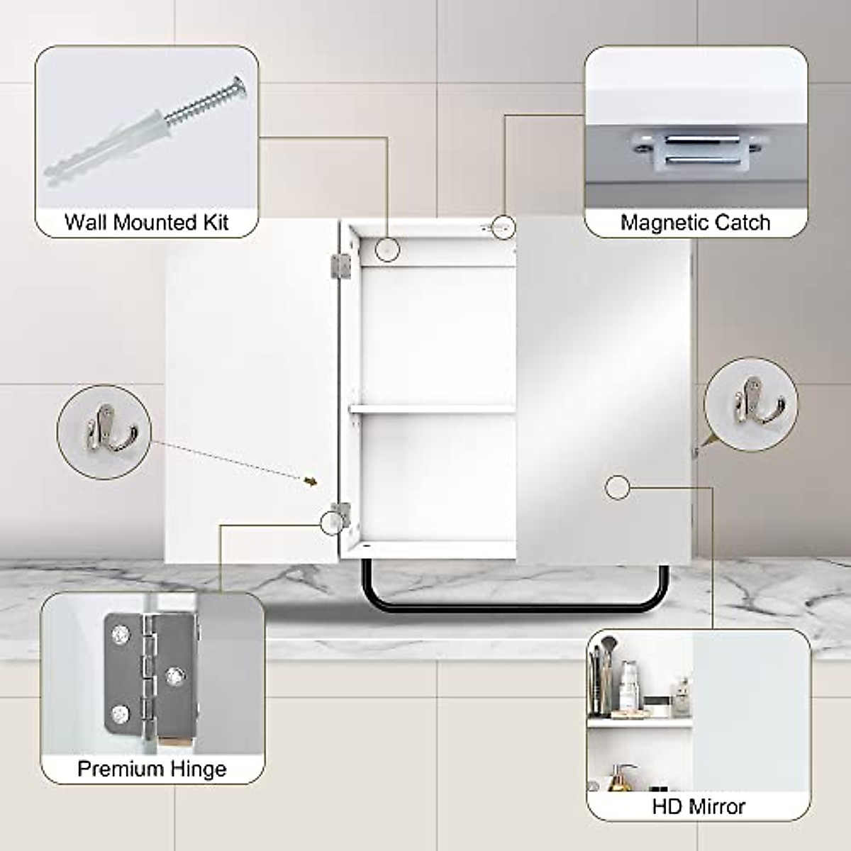 HLR Medicine Cabinet with Mirror, Wall Mounted with Removable Towels Bar and Side Hook, Mirror Cabinet for Bathroom, Living Room, Bedroom