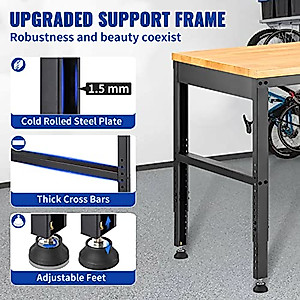 VEVOR Adjustable Workbench, 48" L X 20" W Garage Table w/ 28.3" - 38.1" Heights & 2000 LBS Load Capacity, with Power Outlets & Hardwood Top & Metal Frame & Foot Pads, for Office Home Garage