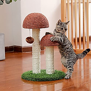 PETEPELA Cat Scratching Post, Mushroom Tall Cat Scratcher Featuring with Natural Sisal Scratching Poles and Interactive Toy Ball for Kittens and Small Cats (Brown)