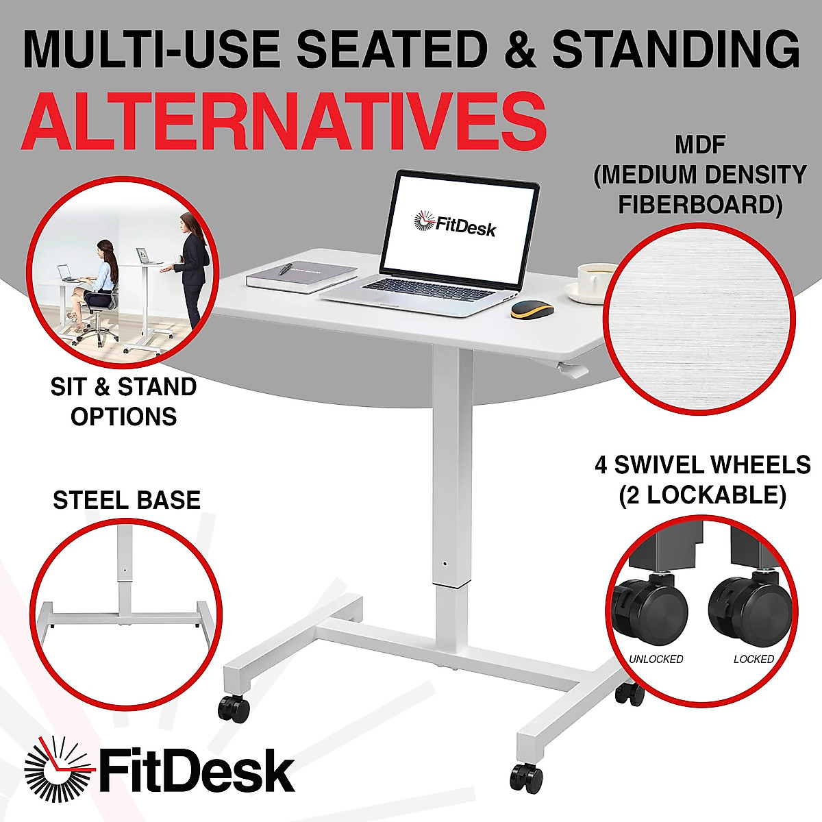 FitDesk Adjustable Desk- Height Adjustable Laptop Desk- Stand Up Desk- Pneumatic Standing Desk- Portable Desk for Laptop- Adjustable Mobile Desk- Portable Office Desk for Home Office- White, 27"