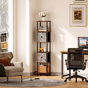 Sunghome Bookshelf, 6-Tier Bookcase with 2 Drawer, Narrow Bookshelves for Bedroom, Living Room, Free Standing Book Shelf Storage Organizer for Books, CDs, Rustic Brown