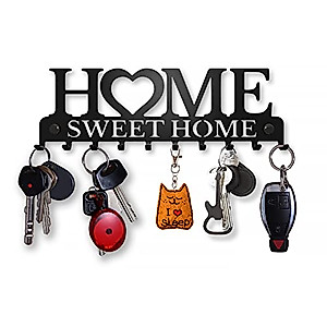 SirHoldeer Key Rack for Wall, Black Key Holder for Wall Decorative, Metal Wall Decor for Office, Hallway, Entryway, Key Hooks Hanging Keys, Small Key Hanger for Wall, Farmhouse Home Sweet Home Sign