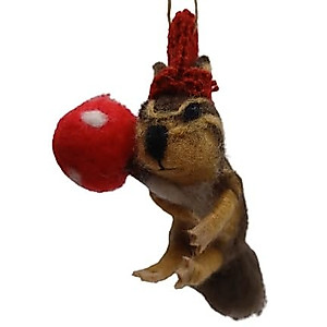 OnHoliday Wool Felt Squirrel in Knitted Hat with Toadstool Hanging Christmas Tree Ornament