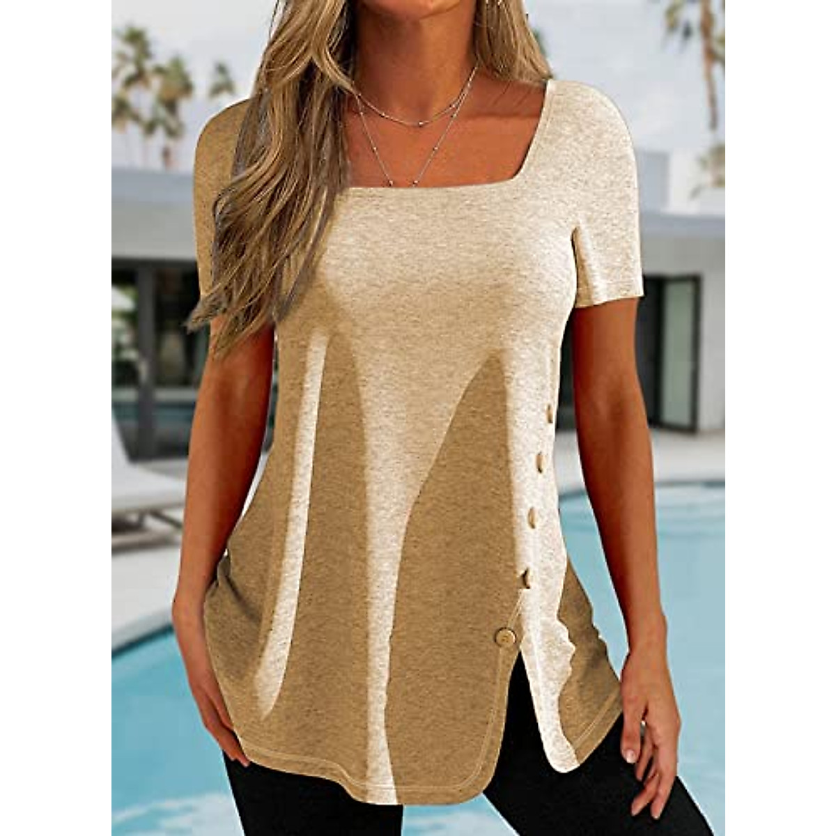 Dokotoo Womens Blouses Ladies Square Neck Tops Hide Belly Short Sleeve Summer Tunic Tops to Wear with Leggings Khaki X-Large