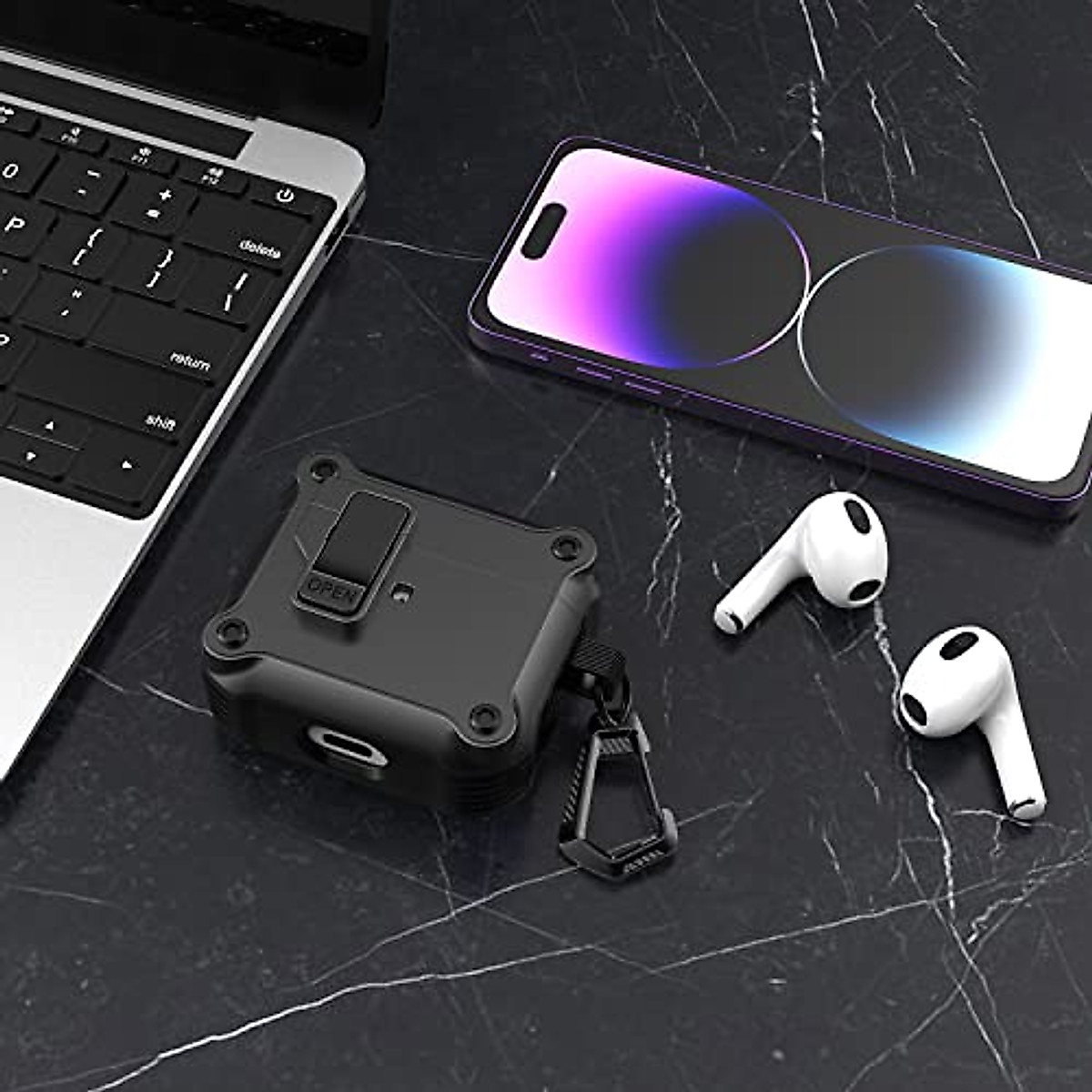 R-fun Airpods 3rd Generation Case with Automatic Secure Lock Clip, Hard Shell Full-Body Protective Airpods 3 Case 2021 for Women Men,Compatible with Apple Airpods 3rd Generation 2021,Black