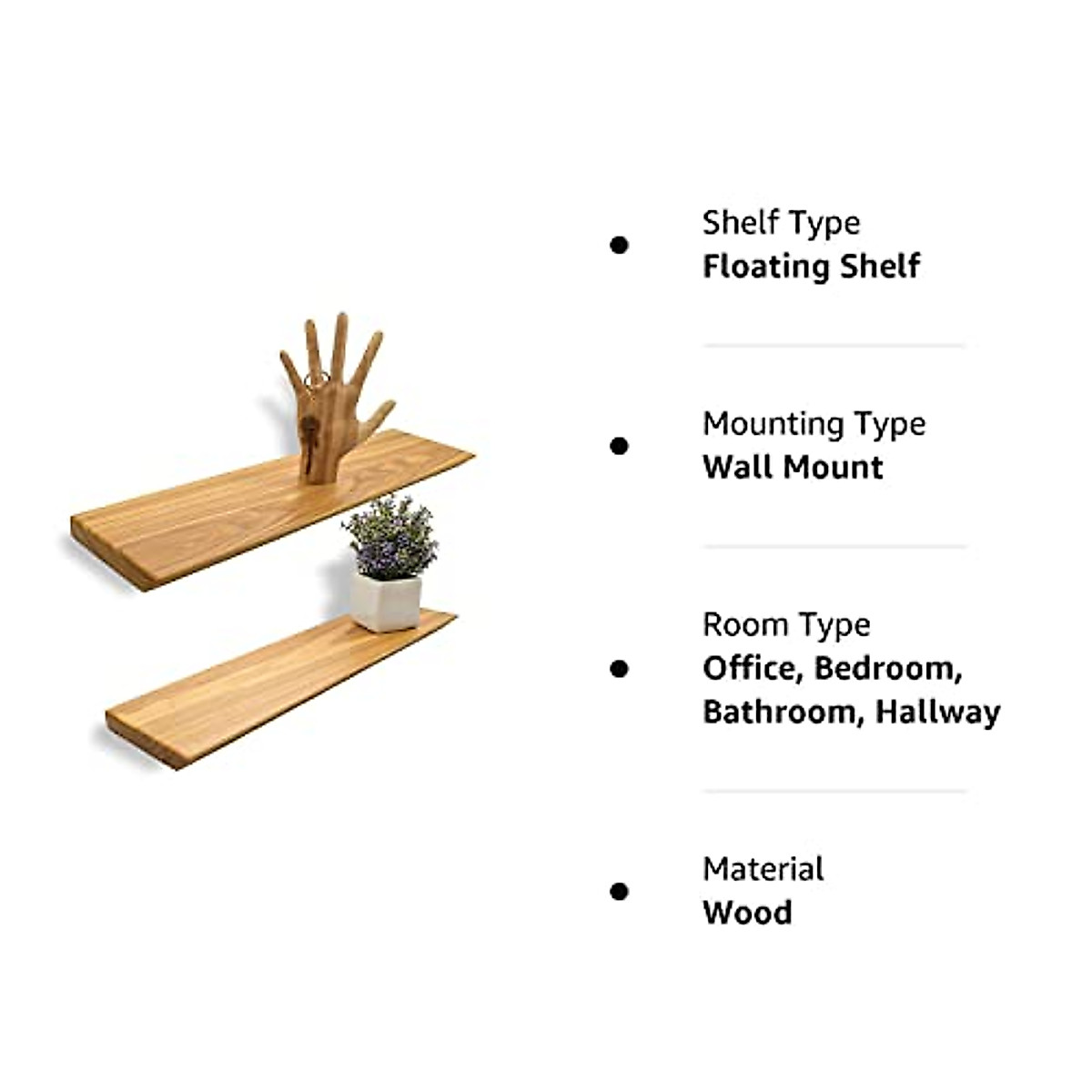 Wood Floating Shelves, 100% Ash Wood, Set of 2-Rustic Shelf 24" Wide Wooden Wall Shelves, Made in Europe, for Living Room Bedroom Kitchen Bathroom Farmhouse, Natural Color, 24 x 6.5 Live Edge