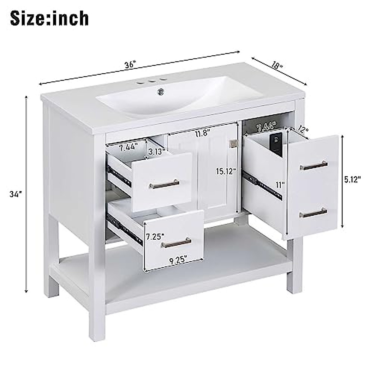 Appot AT-SV000009AAW 36" Bathroom Vanity with USB, Multifunction Bath Room Storage Cabinet with 3 Drawers and 1 Door, Single Resin Sink, SmallBathroom OrganizationCabinet, White