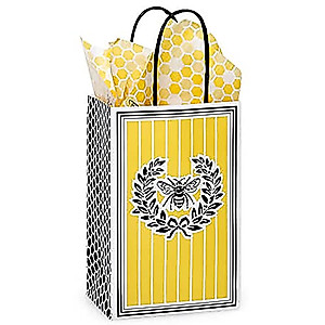 HOME & HOOPLA Queen Bee Yellow and Black Honeycomb Paper Gift Bags and Party Favor Bags, 5.25"x3.5"x8.25" (12 Pack)