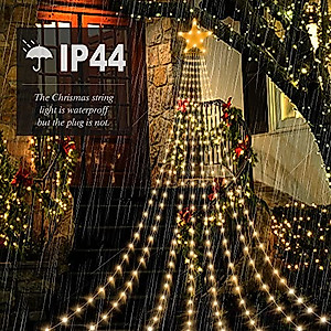 Ghope 298 LED 11.5ft Christmas Decorations Waterfall Lights，8 Modes Timer IP44 Waterproof Christmas Light，Tree Lights with Star Topper，Hanging Fairy Twinkle Lights for Holiday, Party, Wedding