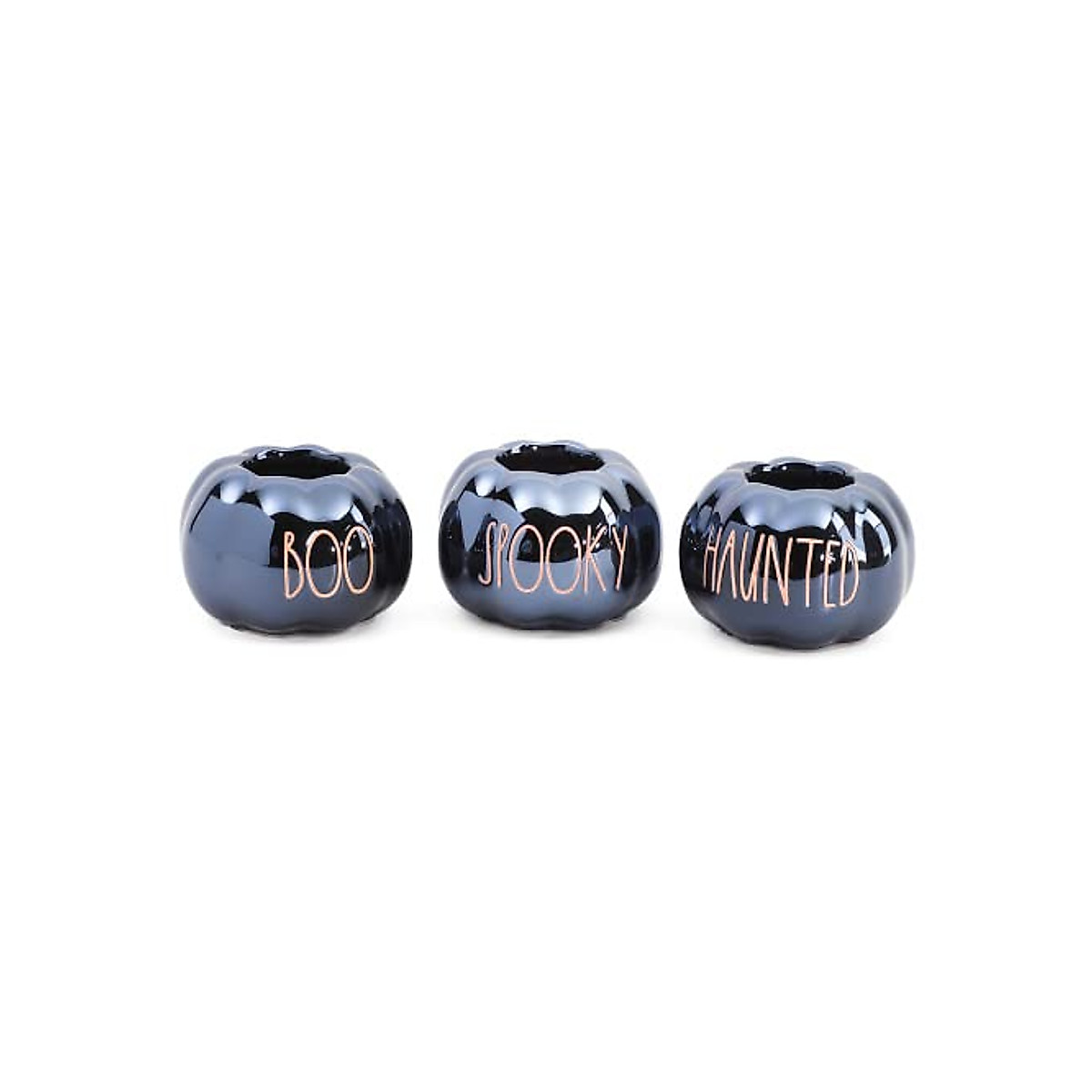 Rae Dunn Set of 3 Halloween Tea Light Holders (Tea Lights, Boo/Spooky/Haunted/Black Luster Finish)