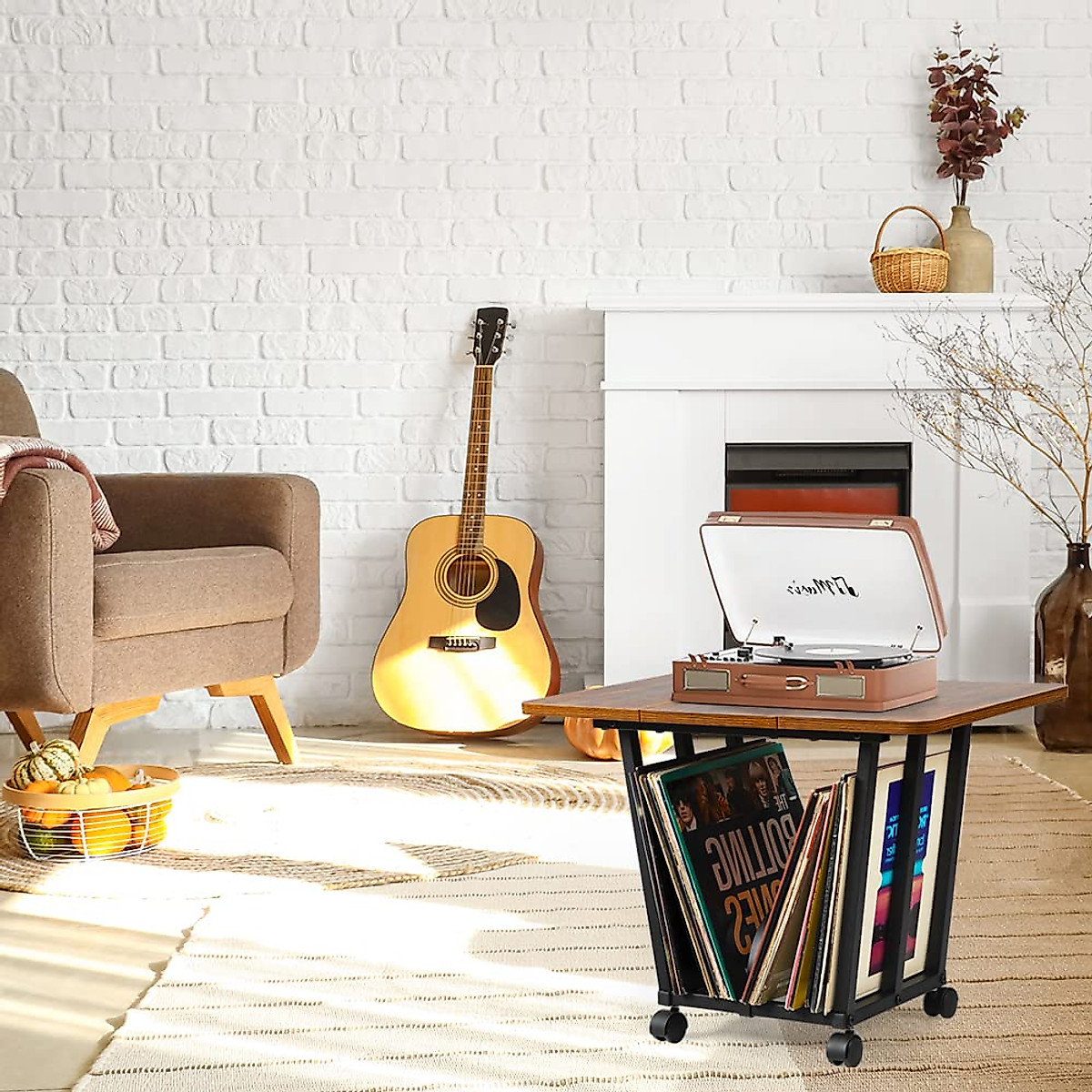 Hadulcet Record Player Stand Vinyl Records Holder, Turntable Stand and LP Album Storage Rack with wheels and dividers, Rustic Brown