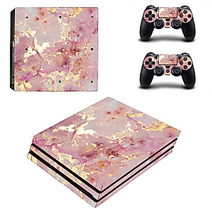 Compatible with PS4 Pro Skin for Console and Controllers by ZOOMHITSKINS, Gold Glossy Pink Marble Granit Pastel Quartz Stone, Durable, Made in The USA