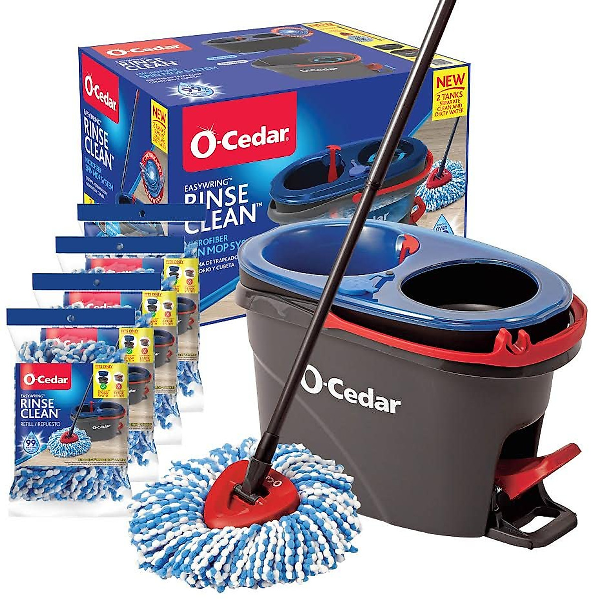 O-Cedar EasyWring RinseClean Microfiber Spin Mop & Bucket Floor Cleaning System with 4 Extra Refills,