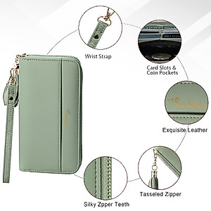 Travelambo Womens Wallet Tassel Bifold Ladies Clutch Wristlet Wrist strap Long Purse (Access Green Blooming)