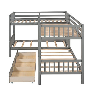 L-Shaped Bunk Bed with Drawers, Bunk Bed for 4 Twin Over Twin for Boys Girls Kids Teen Wood Quad Bunk Beds Frame, Gray