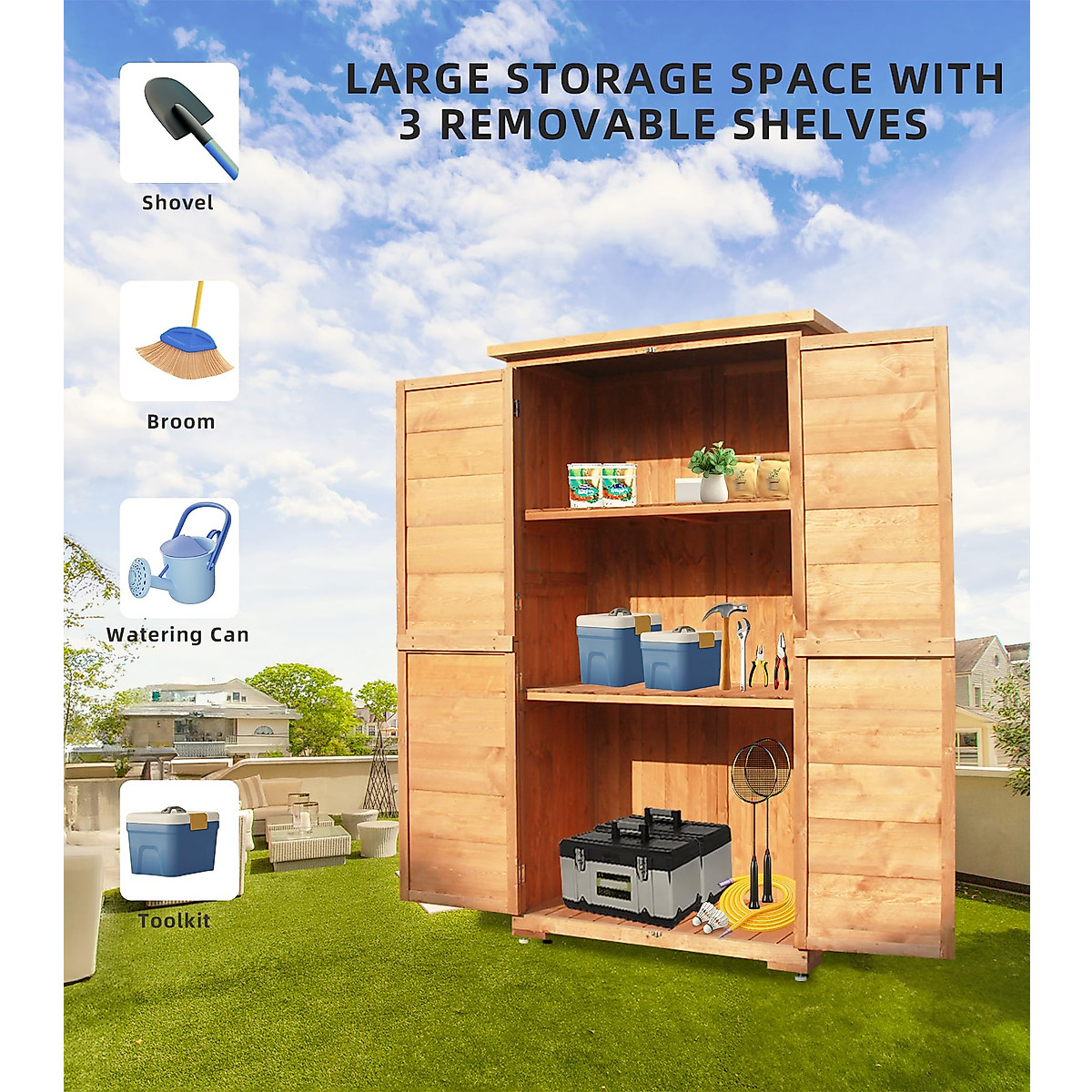 YTGLEN Outdoor Storage Cabinet, Wood Garden Shed, Pool Storage Shed with Lockable Door, Waterproof Roof and 2 Removable Shelves, Vertical Outside Storage Shed for Patio, Backyard and Lawn