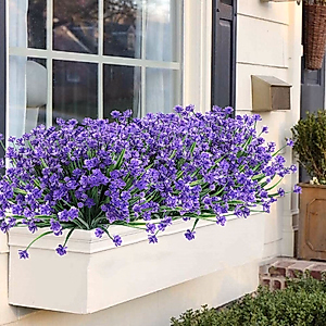 Molioon 8 Bundles Artificial Flowers Outdoor UV Resistant No Fade Faux Plastic Plants Fake Shruns for Garden Porch Home Wedding Window Decor (Purple-1)
