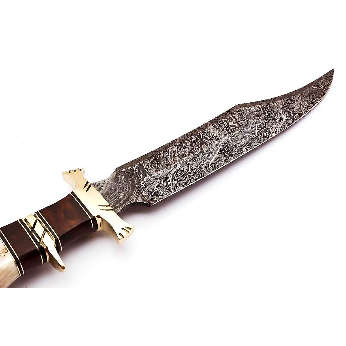 Skokie Knives Damascus Steel hunting Knife Stag Antler Handle with Burl Wood & Brass Guard –15” Handmade Premium Quality Sharp Edge Fix Blade - Genuine Multipurpose Knife – Ideal for Hunting, Camping