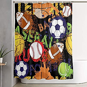 LOKMU 4 Pcs Shower Curtain Sets with Non-Slip Rugs, Toilet Lid Cover and Bath Mat,Boy Sport Pattern Balls Black Basketball Waterproof Shower Curtain with 12 Hooks, Bathroom Decor Sets, 72" x 72"