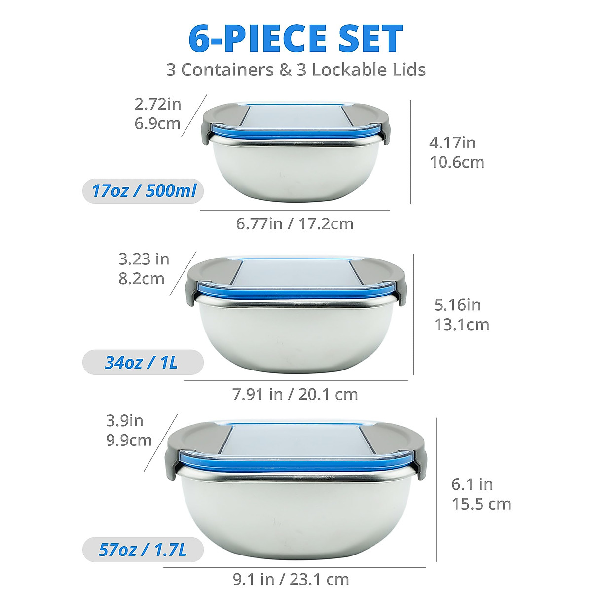 Lunememo Nest Stainless Steel Food Storage Containers, Airtight Metal Lunch Box Set with Lockable Leakproof Lids, BPA Free, 6-Piece