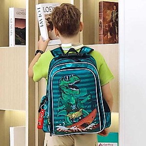 gxtvo 3PCS Dinosaur Backpack for Boys, 16" Kids Preschool Elementary Dino Bookbag with Lunch Box