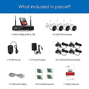 ZOSI 2MP Wireless Security Camera System, 8CH NVR with 1TB HDD and (4) Weatherproof IP Camera 1080p, Plug and Play, Auto Match, Two-Way Audio, Pir Motion Detection, Remote Access (Renewed)