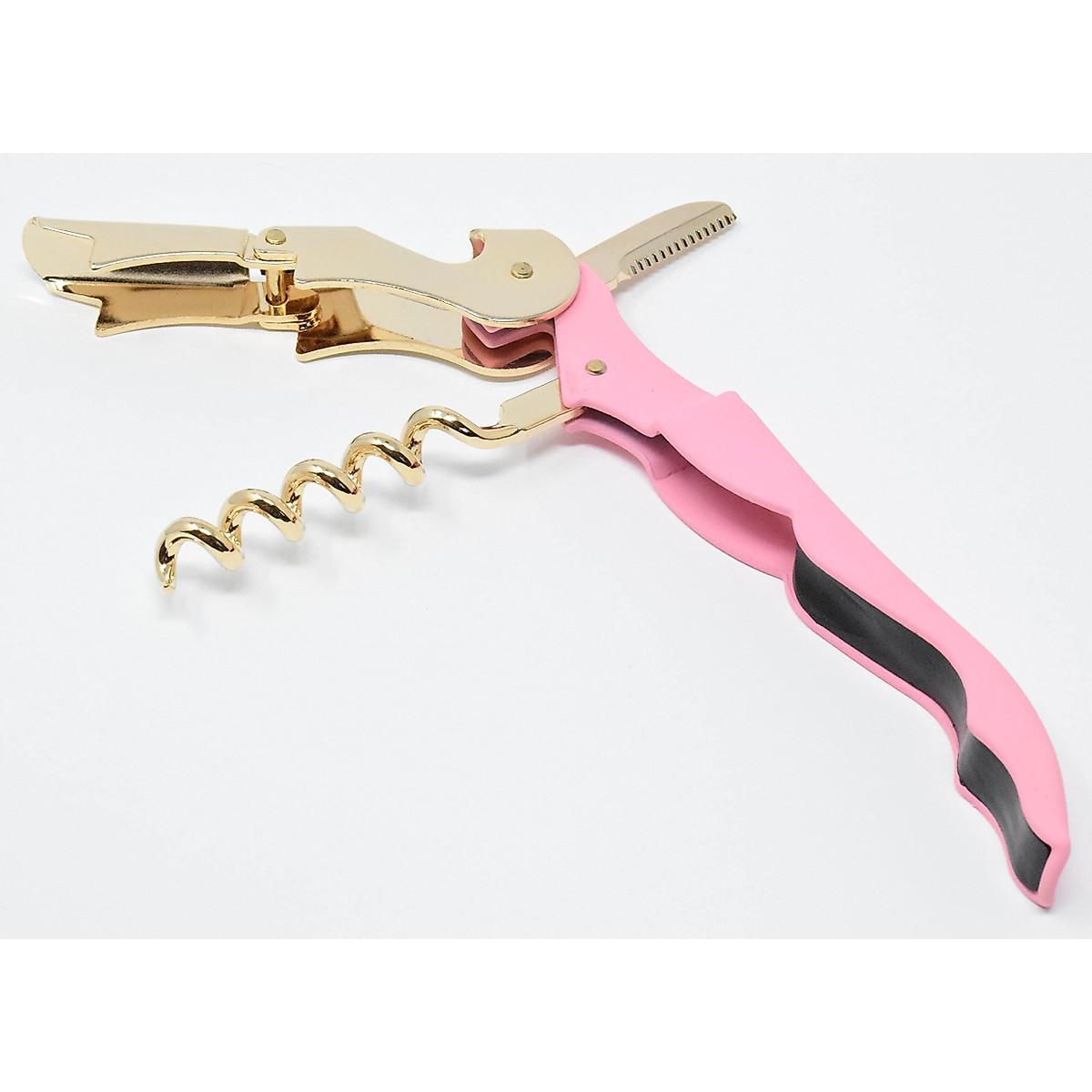 Gold and Pink Soft Velvet Touch Waiters Double Hinge Corkscrew Wine Bottle Opener