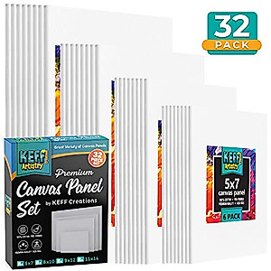 KEFF Canvases for Painting - 32 Pack Blank Canvas Panels Set Boards for Acrylic, Oil, Tempera & Watercolor Paint - 100% Cotton Art Painting Supplies for Adults & Kids
