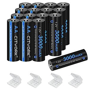 CITYORK 16 Pack 1.2V Ni-MH AA 3000mAh Rechargeable Battery, NIMH Pre-Charged AA Rechargeable Battery 1.2V 3000mAh Long Lasting for Solar Lights, Remote Controller, Electric Toys
