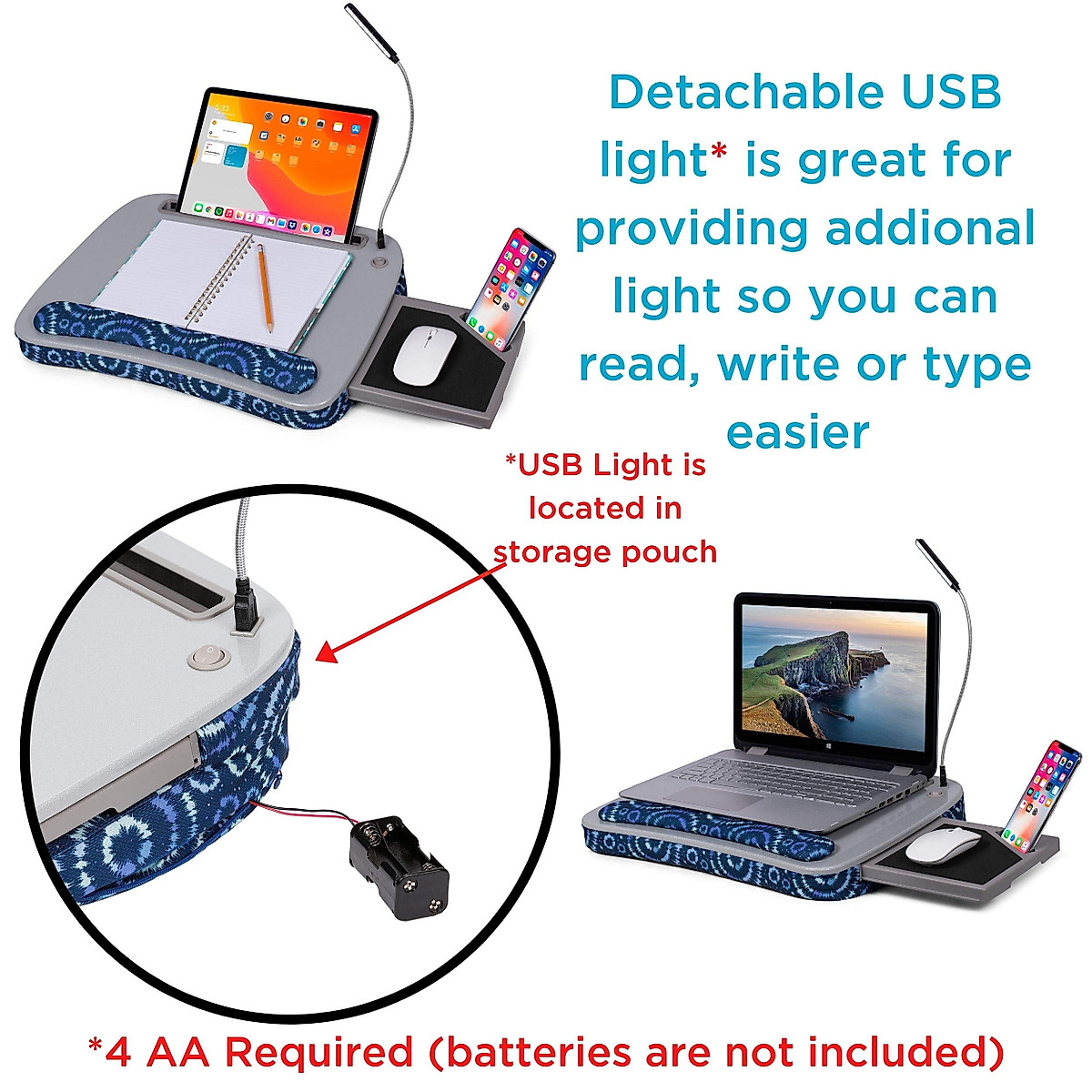 BIRDROCK HOME Deluxe Lap Desk with Pillow Cushion and Wrist Rest | USB Light and Mouse Pad | Fits Laptops Up to 15" | Tablets Up to 9.6" | Blue Tiedye Sunburst Pattern | Laptop Stand Accessories