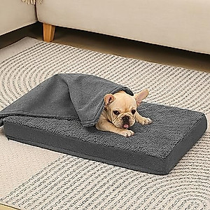 Furated Original Dog Beds for Medium Dogs, Orthopedic Dog Bed with Blanket Attached, Egg-Crate Foam Pet Bed with Removable Washable Cover and Waterproof Liner, Iron Gray, M