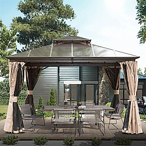 12'x12' Hardtop Gazebo, Permanent Outdoor Gazebo with Polycarbonate Double Roof, Aluminum Gazebo Pavilion with Curtain and Net for Garden, Patio, Lawns, Deck, Backyard(Brown)