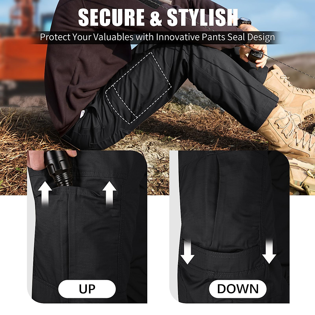 FREE SOLDIER Men's Water Resistant Pants Relaxed Fit Tactical Combat Army Cargo Work Pants with Multi Pocket (Classic Black 36W x 32L)