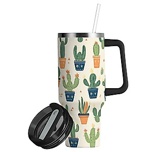linqin Gigantic Cacti Mint Cream Vacuum Tumbler Insulated with Straw Leak Resistant Flip 40 oz Kids Water Bottle Wide Mouth To Go Coffee Mug for Hiking, Sports, Camp