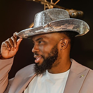 Disco Ball Western Cowboy Hat - Women Men Silver Mirrored Sparkly Cowgirl Hat for Cosplay Party Size:L