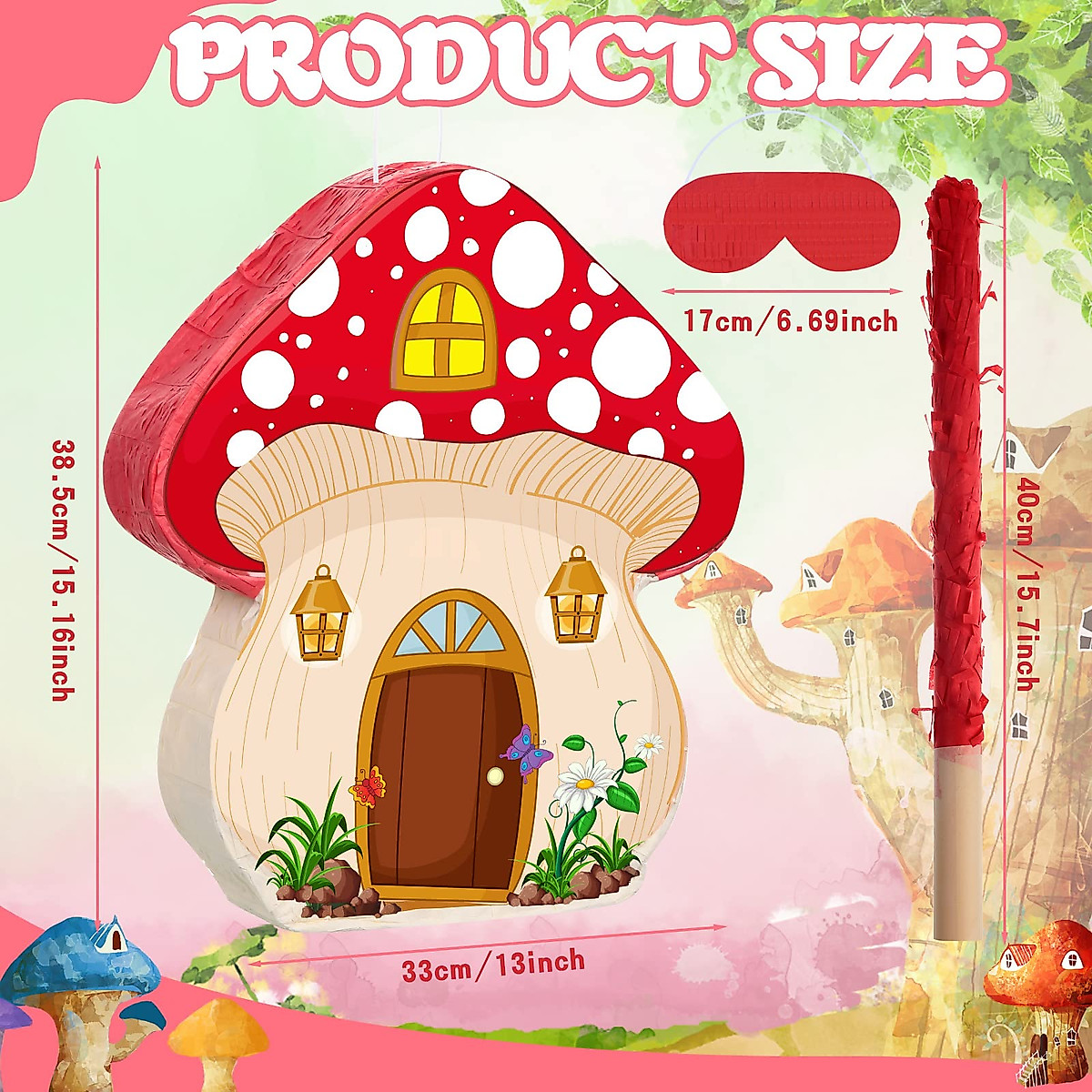 Mushroom Piñata with Stick and Blindfold Fairy Piñata 3D Mushroom Shaped Piñata for Kids Birthday Party Mushroom Hanging Decoration Piñata for Forest Jungle Woodland Baby Shower Party Supplies