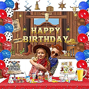 Western Cowboy Birthday Party Decorations, Cowboy Theme Party Supplies for Boys Cowgirl Baby - Backdrop, Cake and Cupcake Toppers, Latex Balloon, Foil Balloon, Hanging Swirls