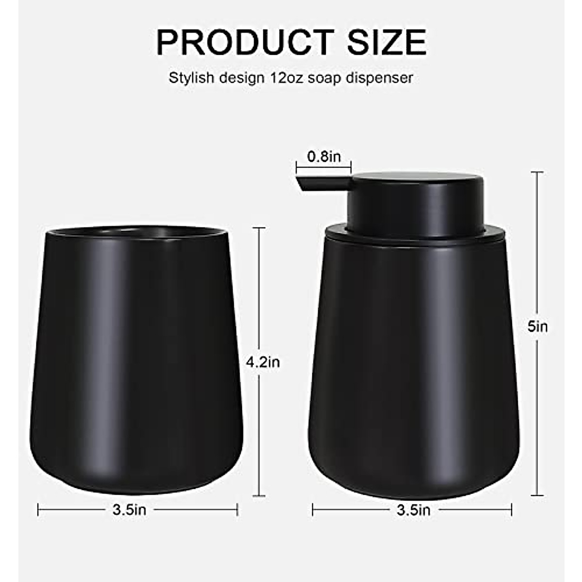 Matte Black Ceramic Soap Dispenser and Toothbrush Holder Set of 2, 12oz Hand Dish Soap Dispenser - Toothbrush and Toothpaste Cup Holders for Bathroom, Kitchen, Countertop Dresser