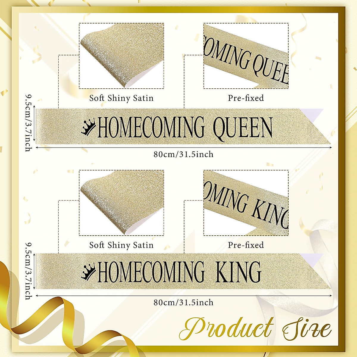Lyrow 2 pcs "Homecoming King" and "Homecoming Queen" Sashes Homecoming Party Prom Sashes School Party Accessories Printed Belts for Homecoming Dance Party Wedding Bridal Shower Supplies (Gold)