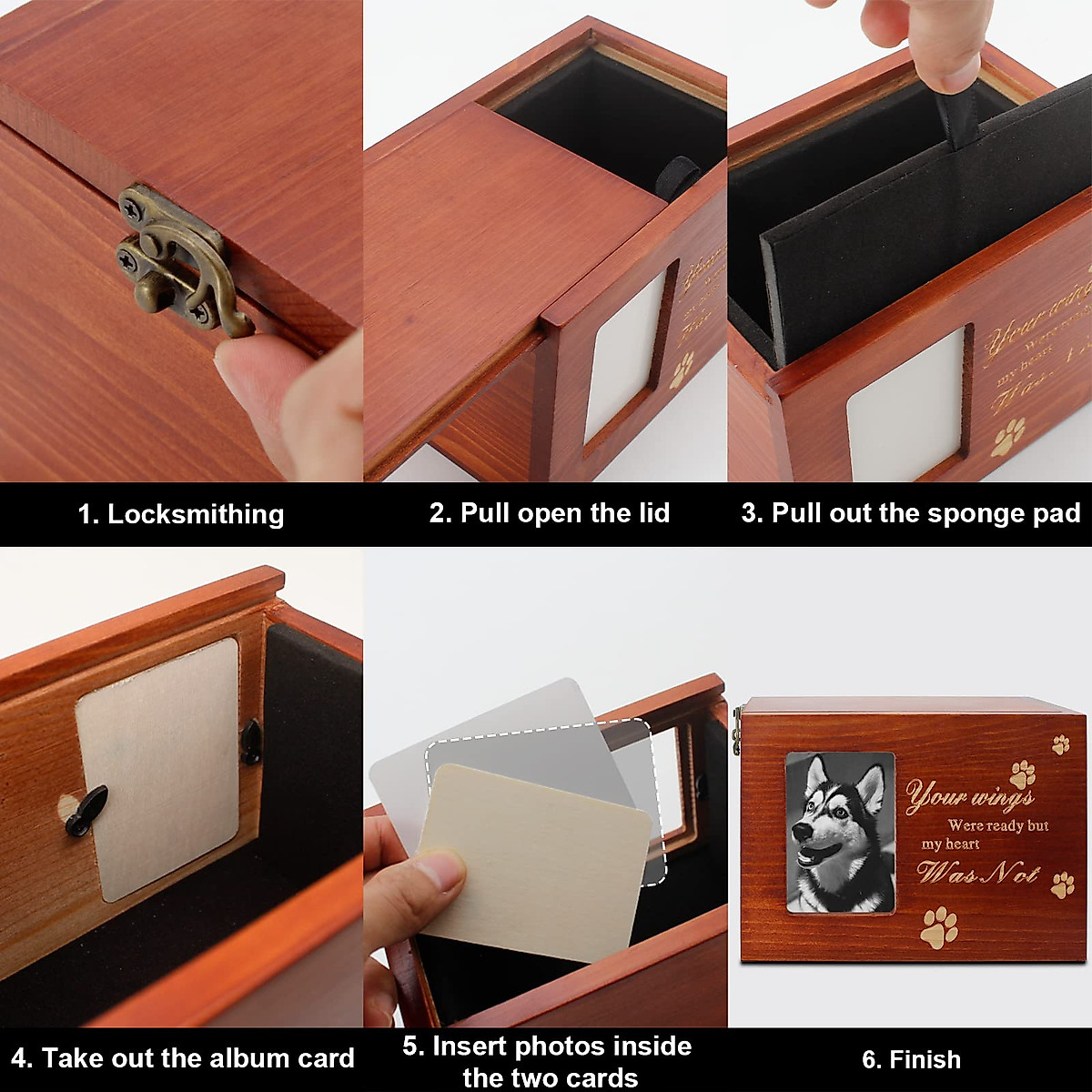 Pet Urns for Dog or Cat Ashes, Pet Cremation Urns with Photo Frame, Pet Memorial Keepsake Cat or Dog Memory Box with Black Flannel as Lining, Loss Pet Sympathy Remembrance Gift(Wooden)