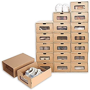 MYOYAY Shoe Box (20PCS) with Transparent Window, Waterproof Stackable Cardboard Storage Boxes, Heavy Duty Kraft Drawer Box for Shoes Sneaker Wardrobe Closet Organizer, 13.7 x 9 x5.3