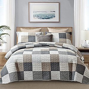 Finlonte King Quilt Bedding Set - 100% Cotton King Size Comforter, Plaid Quilted Bedspread Farmhouse Country Bed Spread, Lightweight Reversible King Quilt Sets All-Season, Gray/Brown/Black/White, 3Pcs