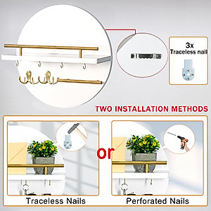 Key Holder for Wall Decorative with Shelf and Hooks, Mail Organizer Wall Mount with Sunglasses Holder, Circular Design Entryway Key Rack Hanger, Rustic Home Decor Boho Wall Decor (White)