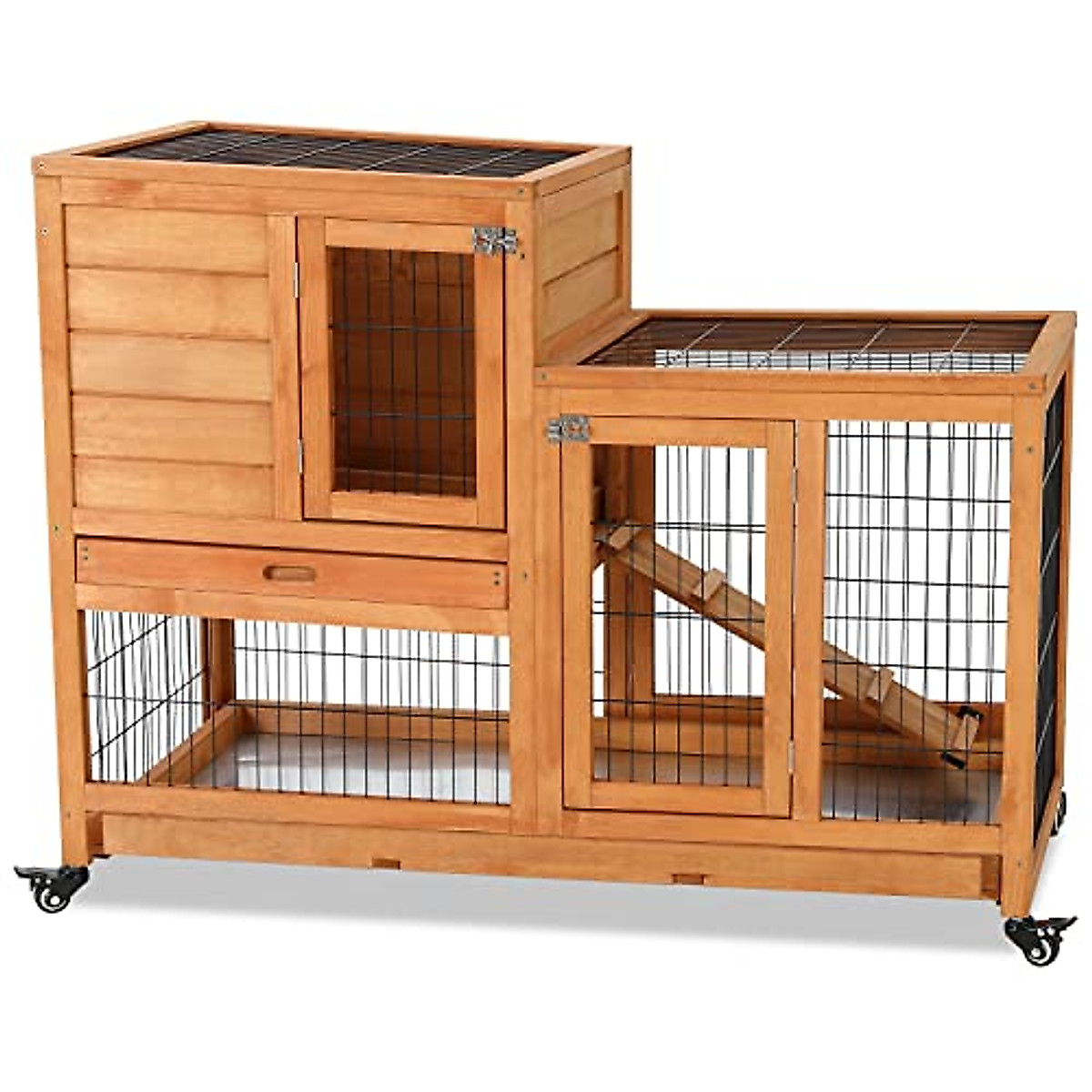 Arlopu Rabbit Hutch on Wheels Rabbit Cage Indoor Bunny Hutch with Run, Wooden Rabbit House with 2 No Leak Trays, 4 Casters, No-Slip Ramp, 2 Lockable Door (Golden red)