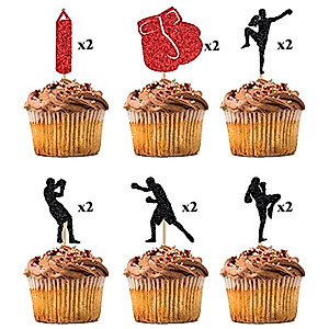 BIABISD 12 Piece boxing Cupcake Toppers boxing Themed Cupcake Toppers boxing Happy Birthday Party Supplies Shiny Black Red Decorations