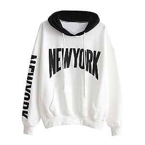 Napoo Women NEW YORK Letter Print Pocket Hooded Pullover Sweatshirt (S, White)