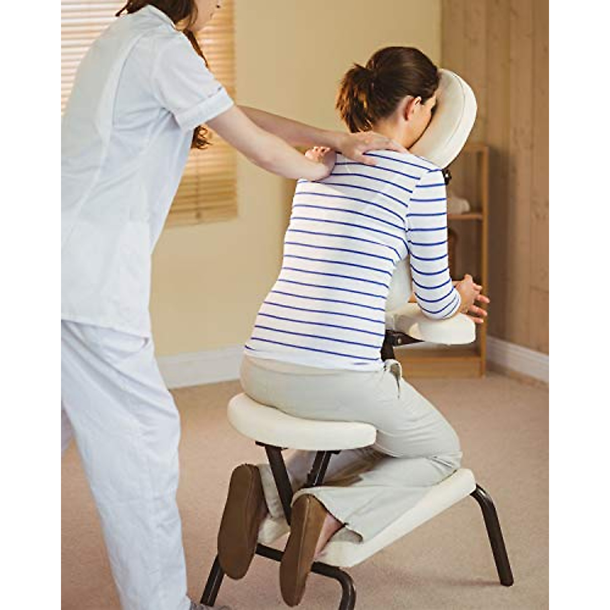 PayLessHere Massage Chair Portable Tattoo Chair Folding Height Adjustable 2 Inch Thick Sponge Light Weight Therapy Chairs Carring Bag Face Cradle Travel Spa Chairs,Cream