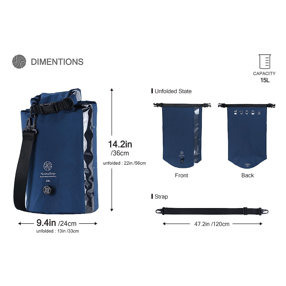 Noitullop Washbag Portable Washing Machine - 15L Fully Waterproof Dry Bag - Lightweight Compact Nylon Washing Machine - Portable Manual Clothes Washer Laundry Bag (Navy)