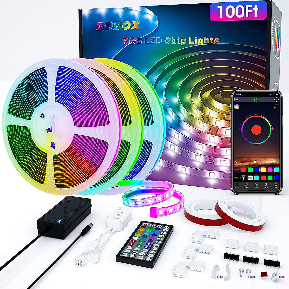 100Ft LED Strip Lights Music Sync Color Changing RGB LED Strip 44-Key Remote, Sensitive Built-in Mic, App Controlled LED Lights Rope Lights, 5050 RGB LED Light Strips for Bedroom Party Home Kitchen